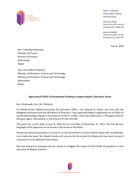 Approval Letter For COVID 19 Accelerated Funding For Nepal Documents Approval Letter For COVID 19 Accelerated Funding For Nepal Documents